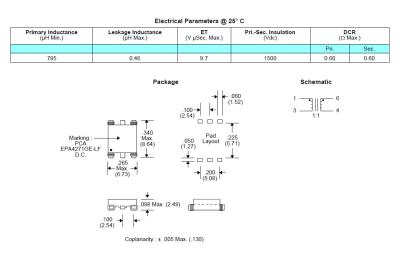 중국 계속 LT4276B,LTC4269-1,LTC4278과 함께 작동하도록 설계된 토로이덜 EPA4271GE-LF SMPS 785uH 게이트 드라이브 트랜스 판매용