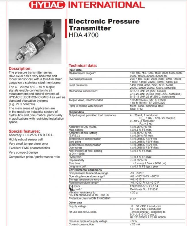 HDA 4700 Pressure Transducer product image