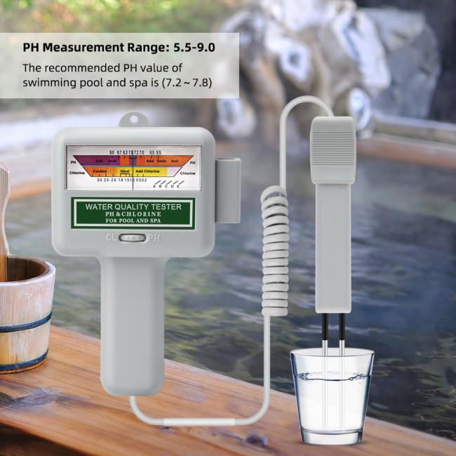 Close-up of CL2 Tester PC-102 display showing PH and chlorine readings