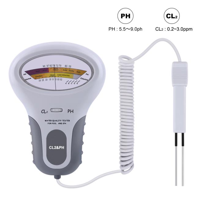 CL2 Tester 2 In 1 Water Quality PH & Chlorine PC-102 device showing display and measurement probes