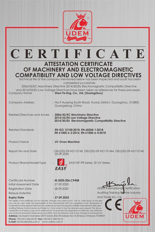 CE Certificate of UV Curing Machine - Shen Fa Eng. Co., Ltd. (Guangzhou)