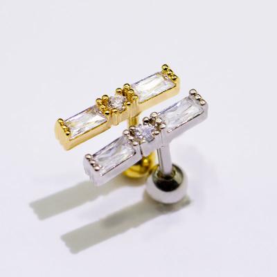 China Square Zircon Gems Ear Piercing Jewellery 6mm Long Strip silver gold for sale
