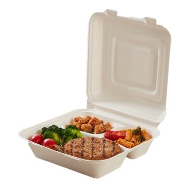 China 3 Compartment Recyclable Eco-friendly Sugarcane Food Container 9 Inch Clamshell Packaging for sale