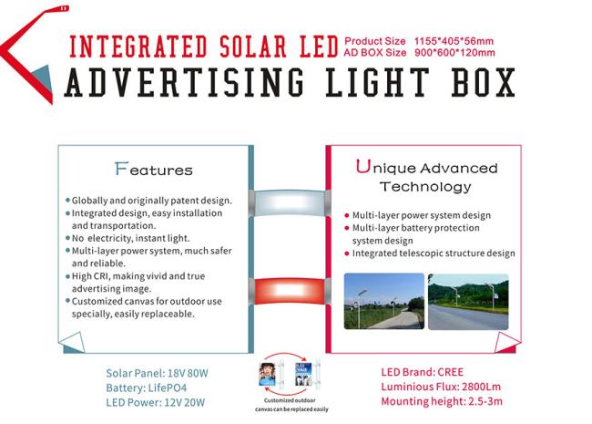 Integrated Solar Advertising Light Equipment 30W CREE LED With Replaceable Poster