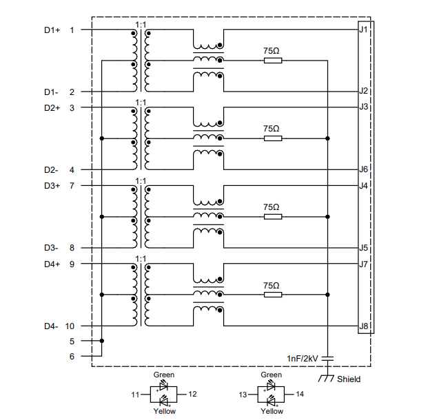 Vertical Single Port RJ45 Connectors 74991114410 Datasheet Schematic