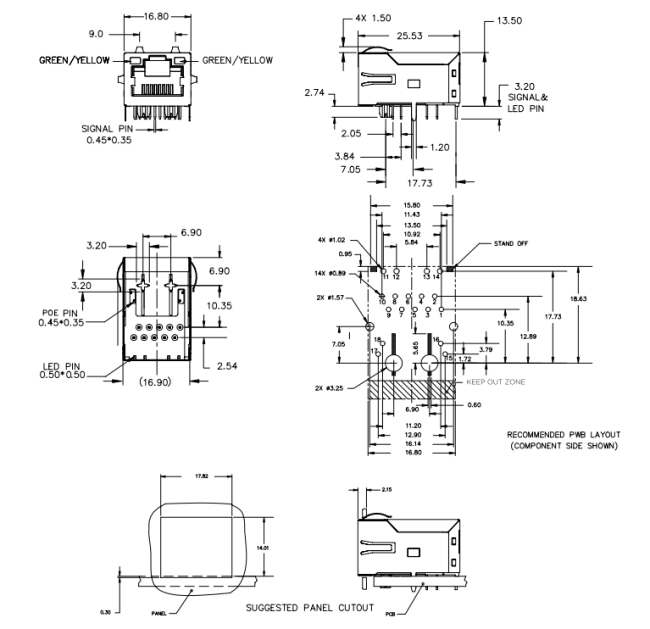 JXF0-5012NL Integrated RJ45 Connector Datasheet - Mechanicals
