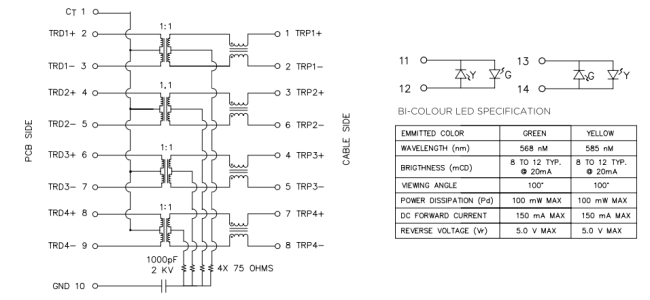JXF0-1011NL RJ45 Datasheet - Schematic