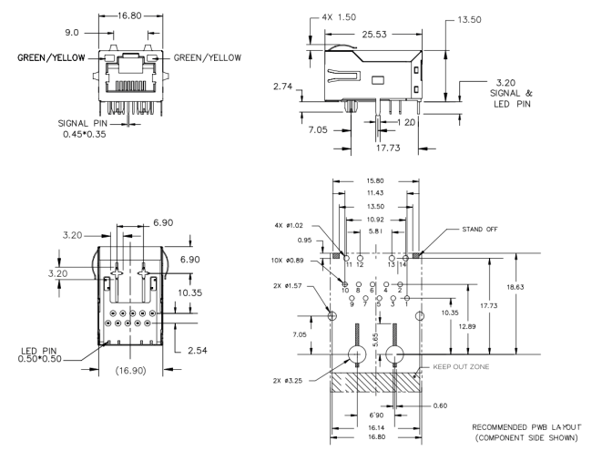 JXF0-1011NL RJ45 Connector Mechanicals