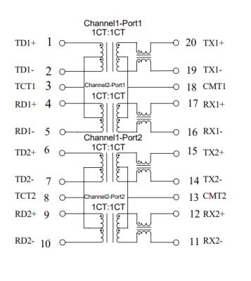 China Transformador magnético portuario DUAL de BD20A01 BD20B12 1500Vrms 100Base-T en venta