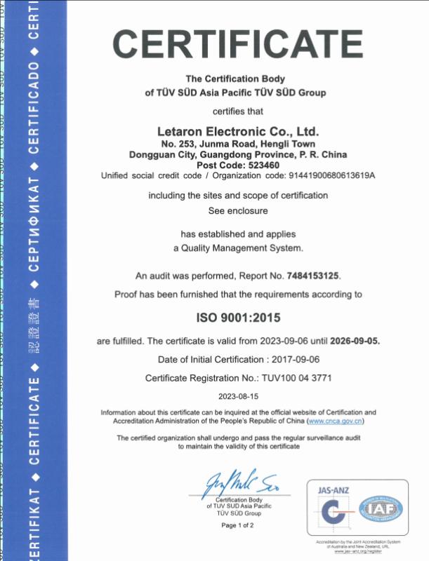 ISO9001 -2015 - Dongguan Letaron Electronic Co. Ltd.