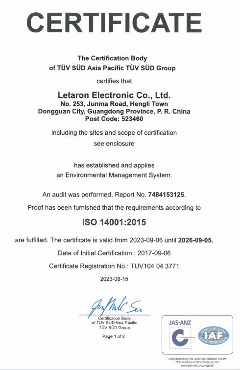 ISO14001 -2015 - Dongguan Letaron Electronic Co. Ltd.
