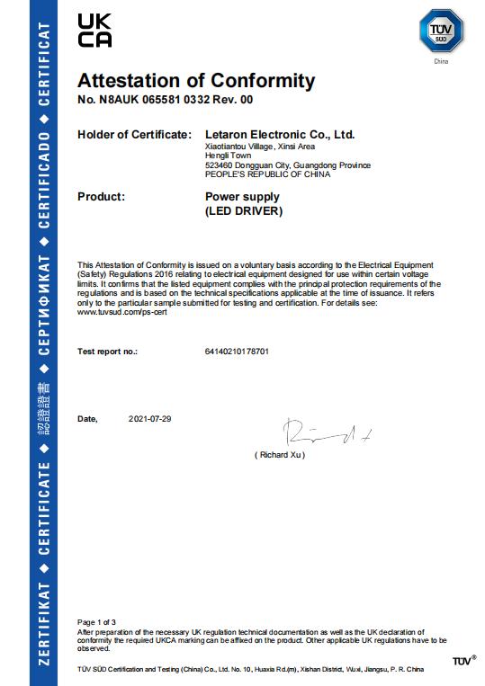 UKCA - Dongguan Letaron Electronic Co. Ltd.