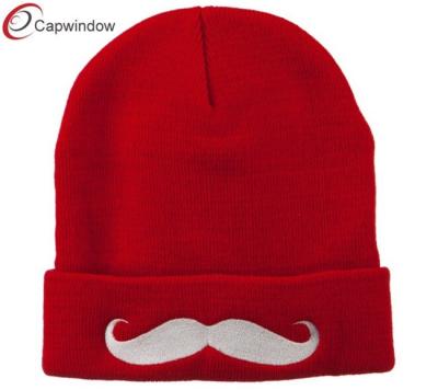 China Reine Acrylbeanie-Winter-Hut-roter Schnurrbart gestickt mit langer Stulpe zu verkaufen