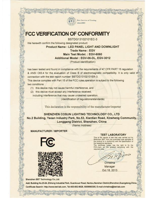 FCC - Shenzhen COSUN Lighting Technology Co., Ltd