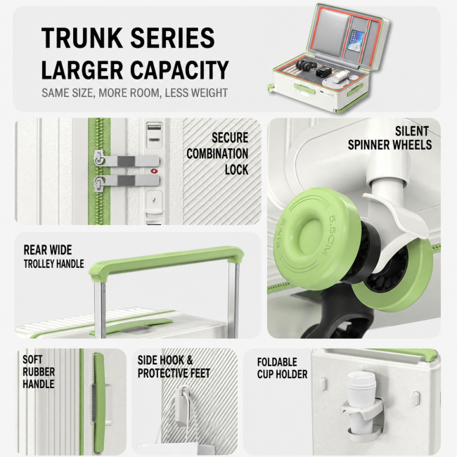 Suitcase feature overview with spinner wheels, combination lock, wide handle, side hook and foldable cup holder