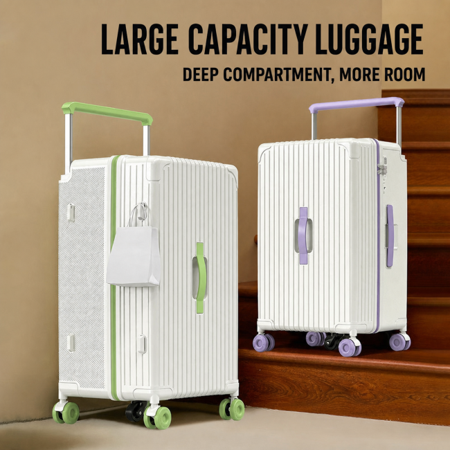 Wide-handle ribbed PC hard shell suitcases in green and purple accents