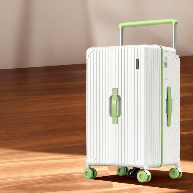 White suitcase with green accent option