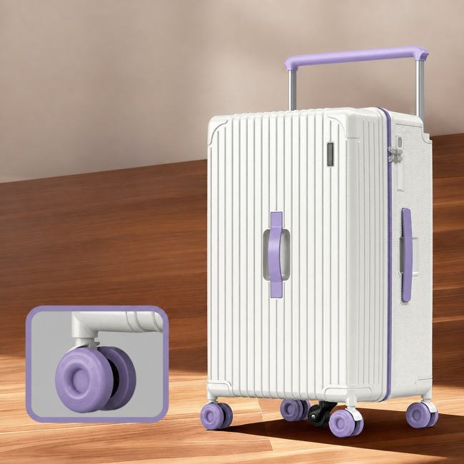 White suitcase with purple accent option