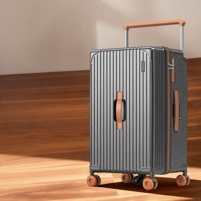 Dark gray suitcase with warm accent details