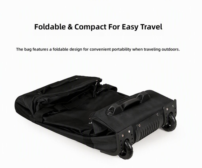 Folded wheeled backpack with handle and wheel base