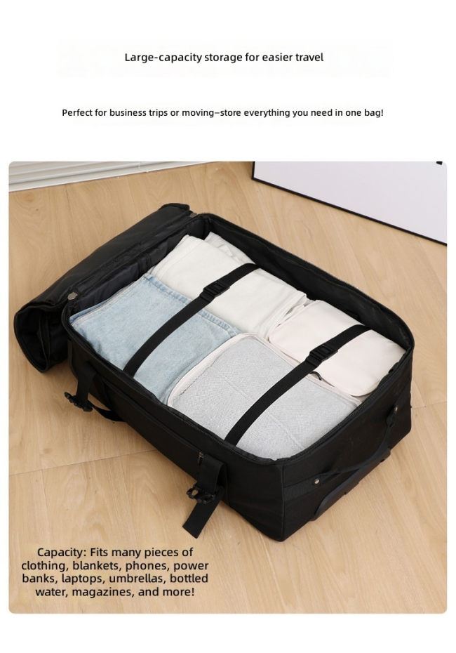 Spacious open compartment with packed clothing