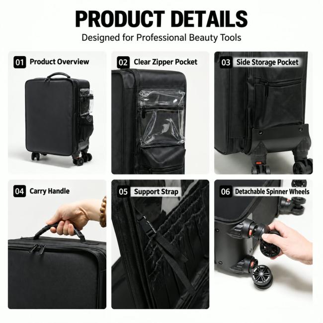 Makeup case with clear zipper pocket, side storage and detachable spinner wheels