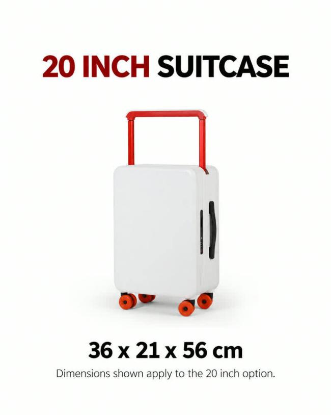 20-inch suitcase specification image with listed dimensions