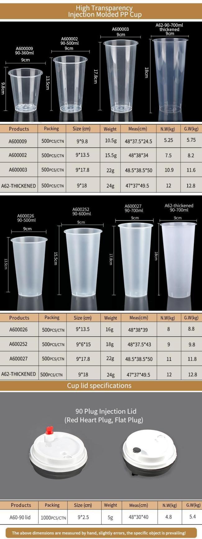 High Quality Takeaway Custom PP Plastic 16oz 20oz Disposable Fruit Milk Bubble Tea Cup Whit Lids