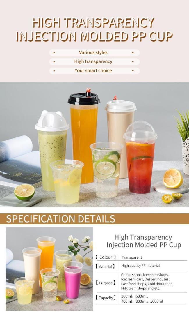 High Quality Takeaway Custom PP Plastic 16oz 20oz Disposable Fruit Milk Bubble Tea Cup Whit Lids