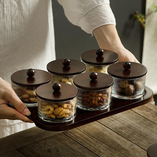 Creative Glass Fruit Plate 6 Jars Glass Snack Container with Wooden Plate and Lid Set