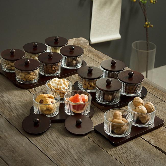 Creative Glass Fruit Plate 6 Jars Glass Snack Container with Wooden Plate and Lid Set