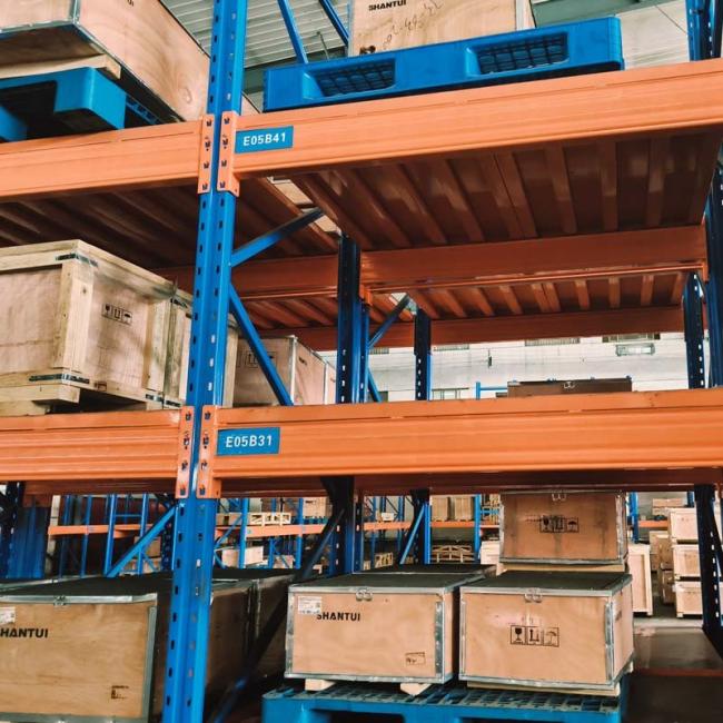 Close-up view of pallet rack safety features