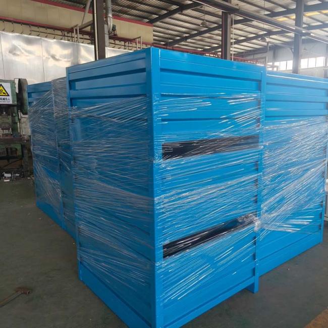 Industrial warehouse grid metal pallet box in use