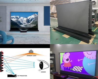 China Home Cinema 100 120 inch Electric Tension Floor Rising Up Screen PET Crystal UST ALR Laser Motorized Projector Screens for sale