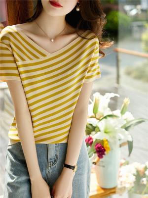 Fashion Striped Knitted Tshirt V Neck Casual Tee Shirt for Women's Occasion