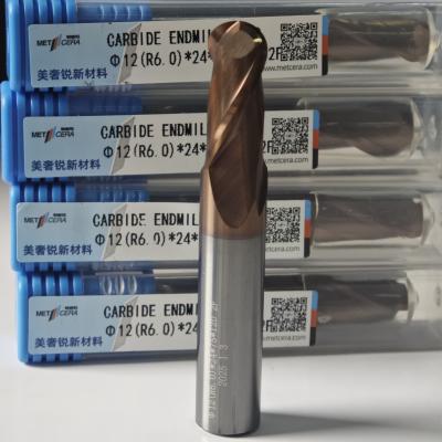 China Cuadrícula de carburo sólido Noso de bola de extremo de molino 2 flautas R0.5-10 12mm Φ12.0 R6.0 X24x12Dx75mm Dureza HRC55-60 Revestimiento AlCr para acabado en venta