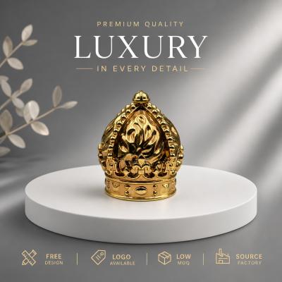 China Premium Royal Embossed Floral Beaded Crown Mirror Gold Zinc Alloy Perfume Cap Solid Heavy Zamac Metal Lid For Luxury Designer Perfume Packaging Magnetic for sale