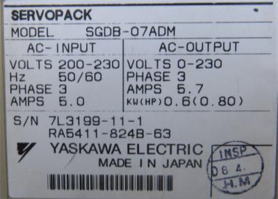 China Industriële servo de aandrijvingsinput 5.0AMPS sgdb-07ADM van ServoPack Yaskawa 200-230V 0.6KW Te koop