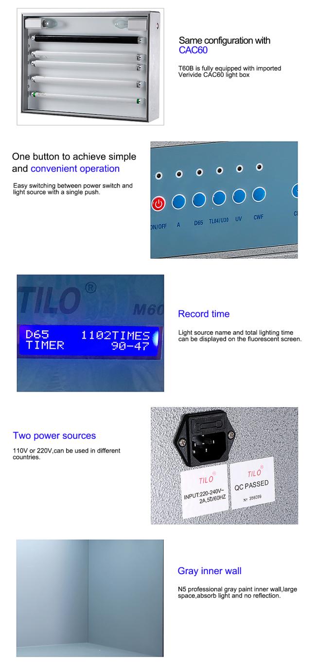 Tilo Manufacturer of P60 light box fabric garment textile color testing instrument with D65,TL84,CWF,U30/TL83,UV,F/A