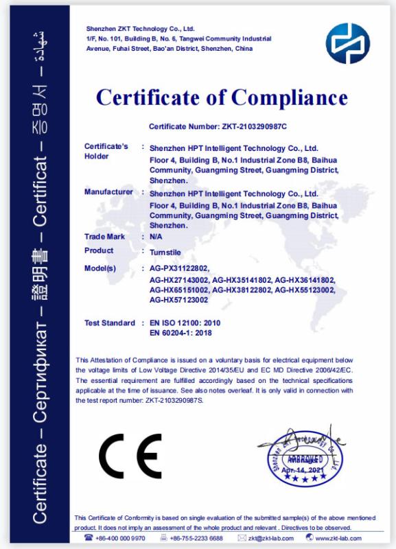 EN ISO 12100:2010 EN 60204 -1: 2018 - Shenzhen HPT Intelligent Technology Co., Ltd