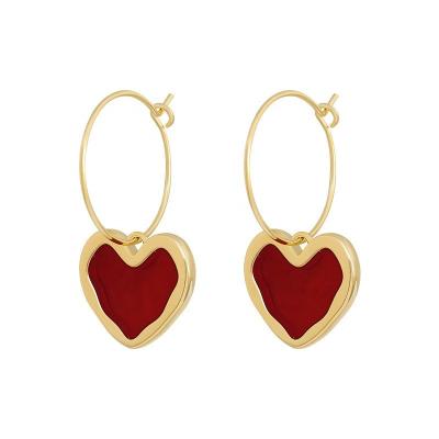 China 18K Gold Red Enamel Heart Shaped Dangle Hoop Earrings for sale