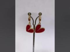 18K Gold Red Enamel Heart Shaped Dangle Hoop Earrings