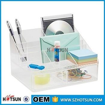 China office clear acrylic desk organizer 2 tier 3 tier acrylic pen tray multi compartment for sale