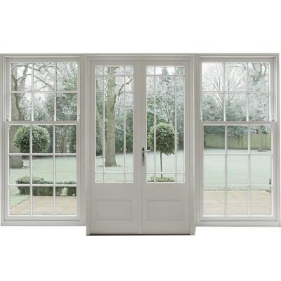 China Moderne tuin PVC en UPVC dubbele glazen toegangsdeur in natuurlijke houtkleur met materialen Te koop