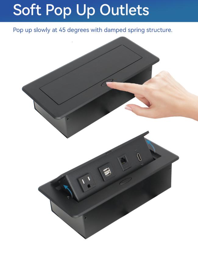 Space Save Pop Up Socket Box front view showing power outlets and USB ports