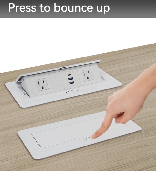 Compact Desk Mount Power Outlet Box front view showing power outlets and USB charging ports