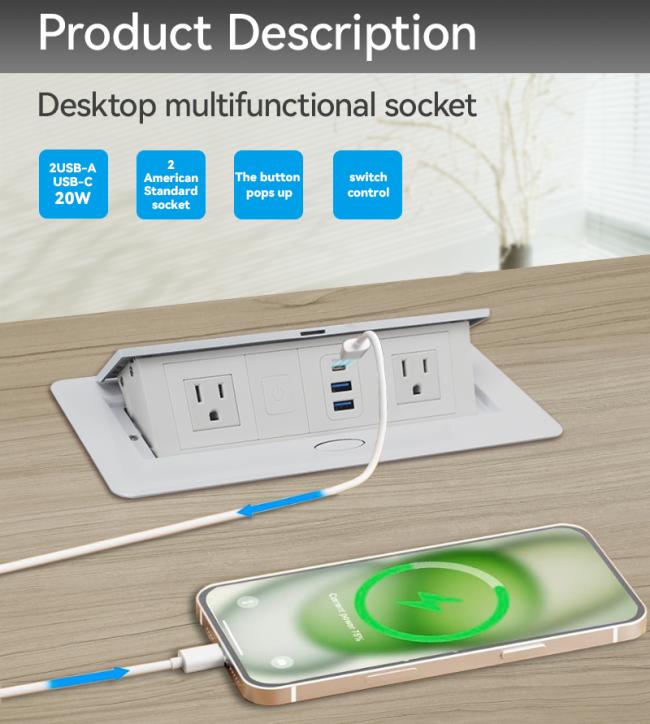 Compact Desk Mount Power Outlet Box installed in furniture with clean integrated appearance