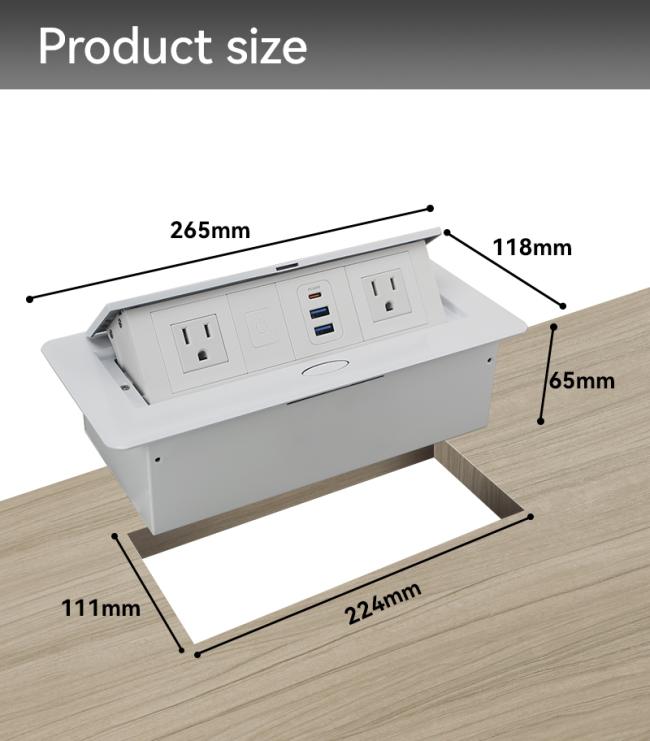 Close-up view of USB charging ports on Compact Desk Mount Power Outlet Box