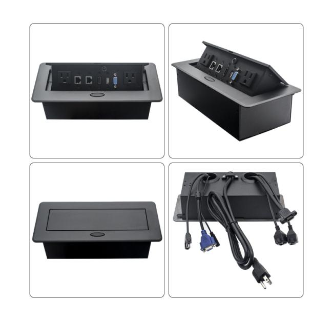Multi Function Pop Up Socket Box front view showing power outlets and USB ports