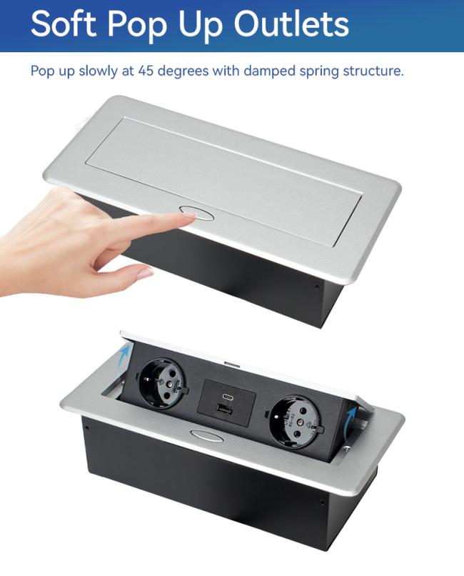 Modern Pop Up Socket Box front view showing power outlets and USB ports